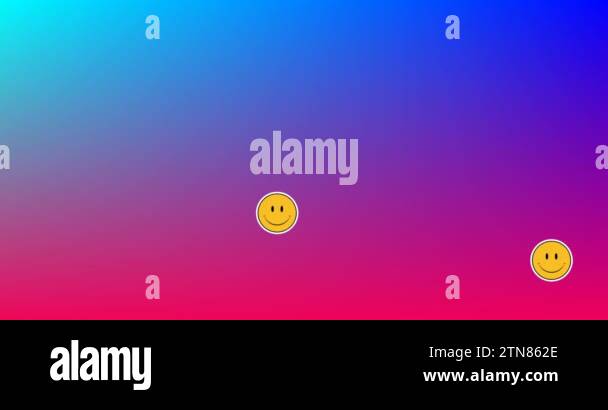 Animation of smiley faces icons over pink to blue background. Global ...