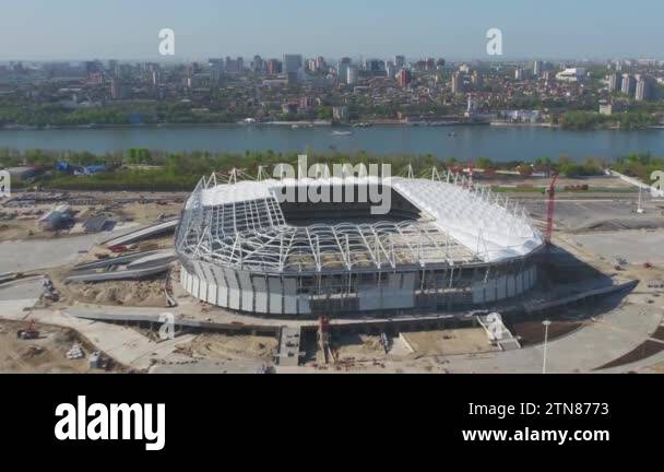 Aerial view on construction and reconstruction of football stadium ...