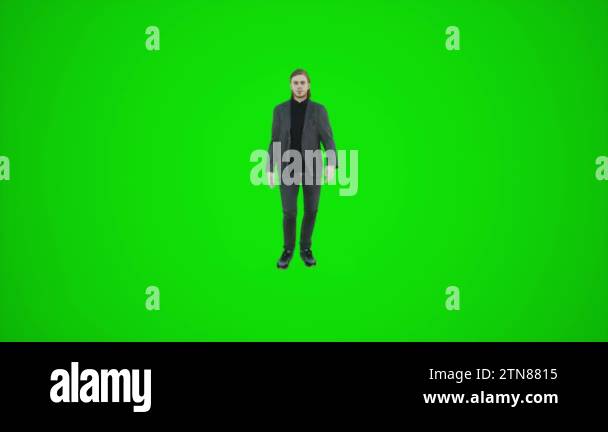 3D animation of a sad man walking on the green screen, chroma key ...
