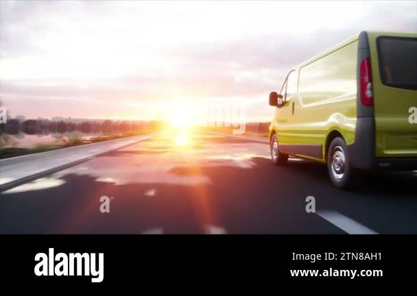 Yellow delivery van on highway. Very fast driving. Transport and ...