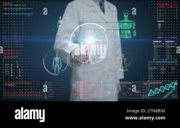 Doctor touching digital screen, Female body scanning blood vessel ...