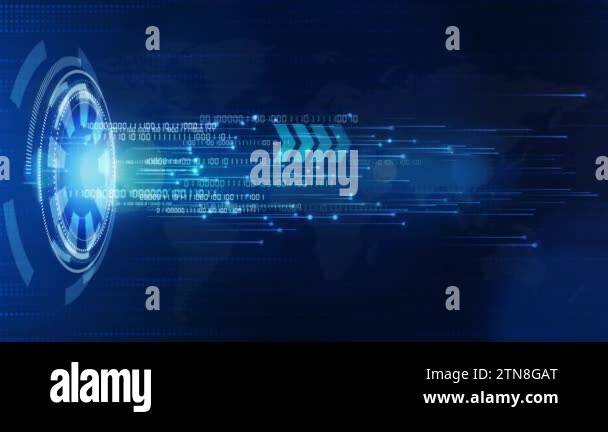 Technological hi-tech blue background with round HUD element. Moving bright rays of light with ...