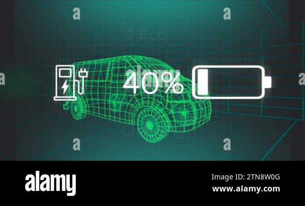 Animation of battery charging interface over 3d van model moving in ...