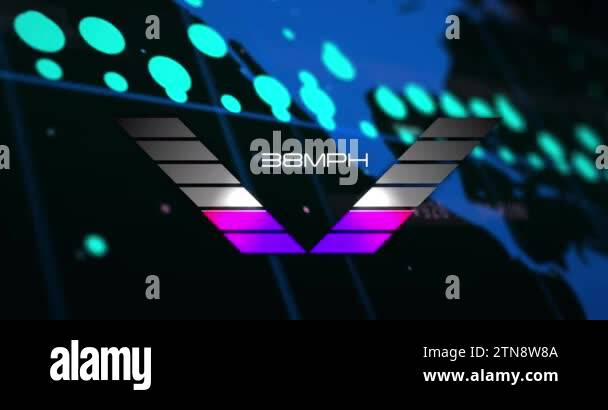 Animation of speedometer over world map and data processing against black background. Global ...