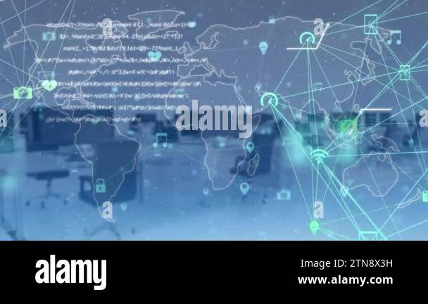 Animation of connected icons forming globes over computer language on map against empty office ...