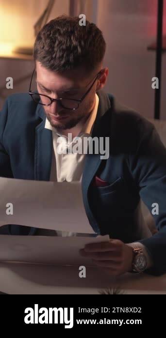 Vertical video. Business finance. Working man. Check information. Smart ...