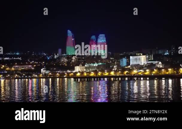 Flame Towers in Baku Azerbaijan at Night, National Flags Animation on ...