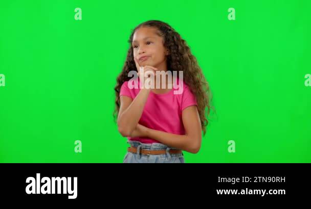 Thinking, child portrait and green screen with youth, decision and ...