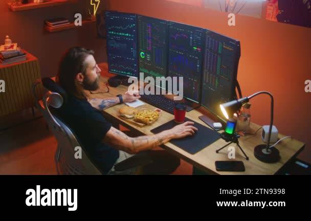 Financial analyst watches real-time stocks, exchange market charts on ...