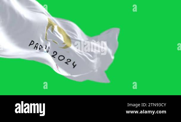 Paris, FR, May 2023: Paris 2024 Olympics Games flag waving isolated on ...