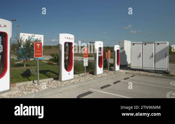 TESLA SUPERCHARGER, ZAGREB, CROATIA, 05.05.2023: Empty Tesla charging ...