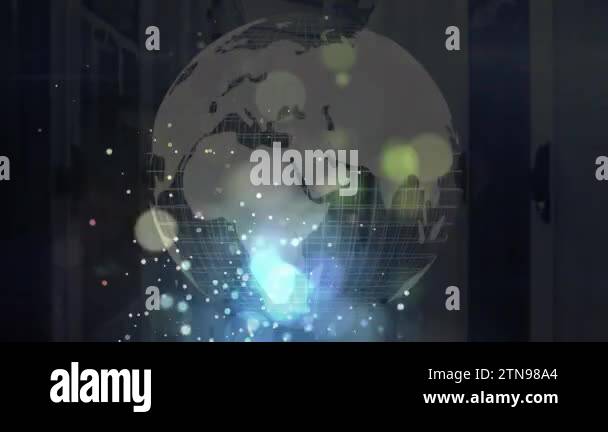 Animation of lens flares over rotating globe against server room in background. Digital ...