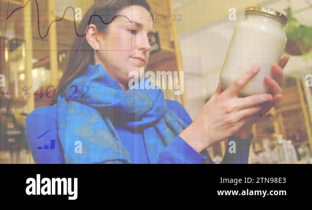 Animation of statistics data processing over caucasian female customer ...