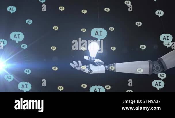 Animation of ai data processing over robot's arm with light bulb ...