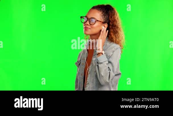 Green screen, music and woman with earphones to relax listening to song ...