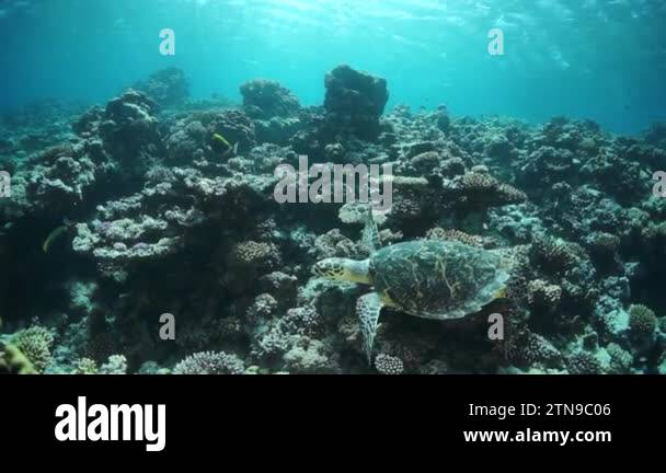 Slow motion sea tortoise turtle on background colorful corals ...