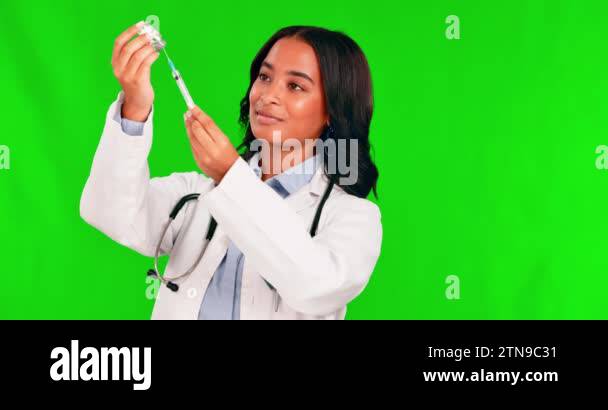 Healthcare, vaccine and a doctor woman on a green screen background to ...