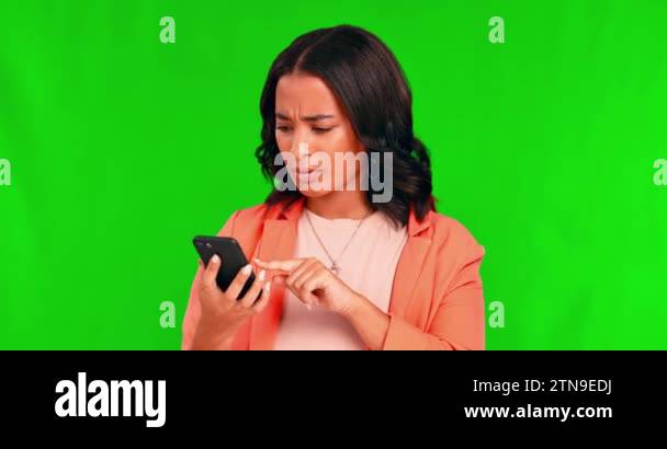 Green screen, angry and young woman on a phone call or scam alert app ...