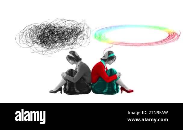 Before and after therapy. Young woman with obsessive, tangled thoughts ...