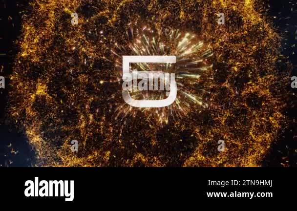 Five seconds Countdown Timer with abstract firework animation on black ...