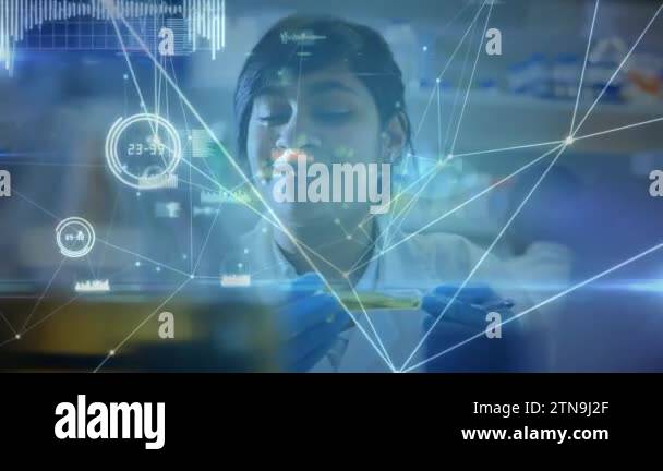 Animation of network of connections over asian female scientist in laboratory. Global science ...