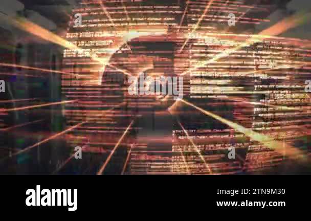 Animation of circular tunnel over looping computer language against server room in background ...