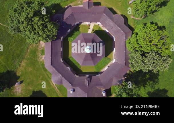 Round Chapel on mountain hill, Krumlov Czech Republic Summer 2023. vertical birds eye view drone ...