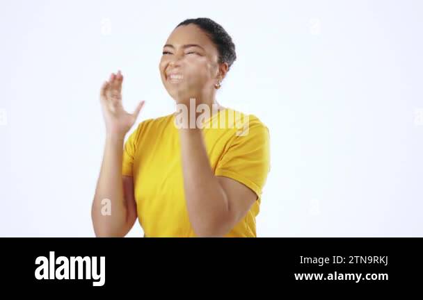 Applause, cheering and fist pump with black woman for announcement ...
