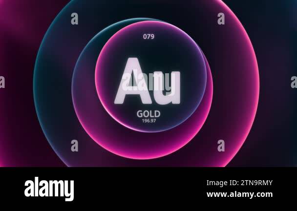 Gold as Element 79 of the Periodic Table. Concept animation on abstract ...