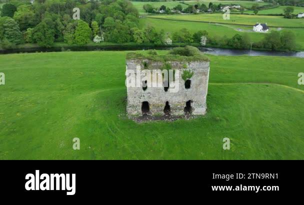 Drone. A ruined castle. Grennan Castle. Anglo-Norman Tower. Circular ...