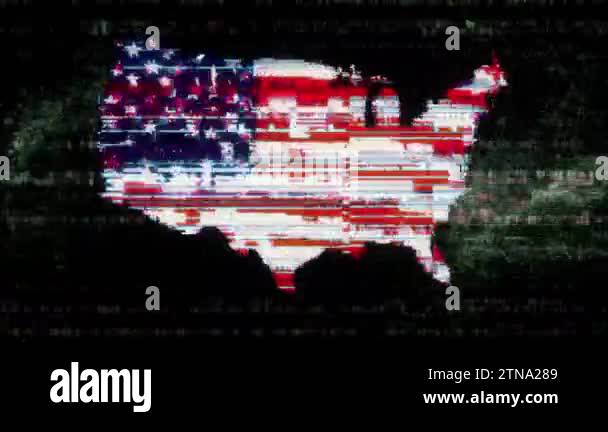 Glitched United States of America flag in silhouette of USA map on ...