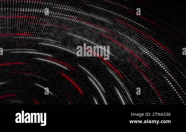 Digital vortex of pixels. Dark abstract background with red dots and binary code. Glowing lines ...