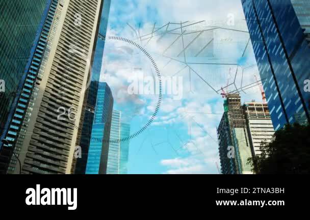 Animation of loading circles with changing numbers and globe in circle, low angle view of ...