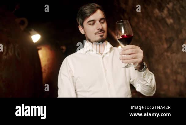 Winemaking concept. Happy successful male winemaker is tasting a flavor ...