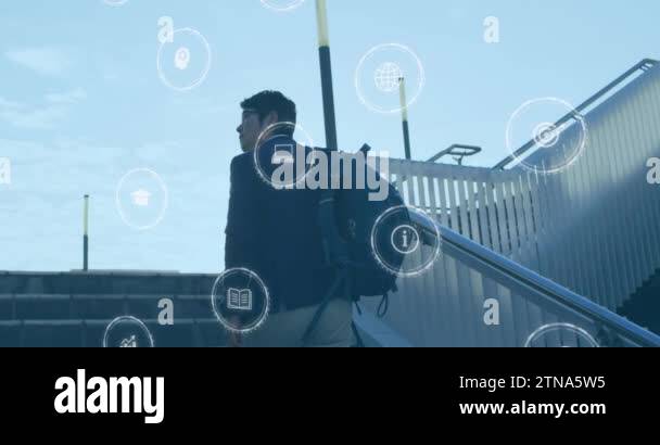 Animation of computer icon in circles over asian man moving up steps ...