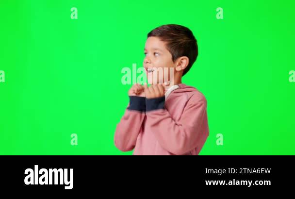 Mockup, wow and boy with green screen, surprise and happiness on a ...
