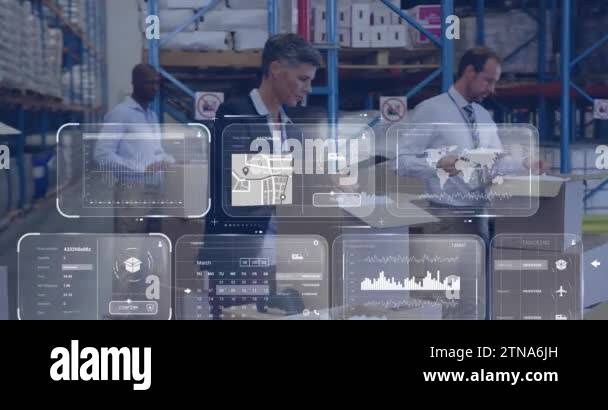 Animation of data processing on screens over diverse people working in warehouse. Global ...