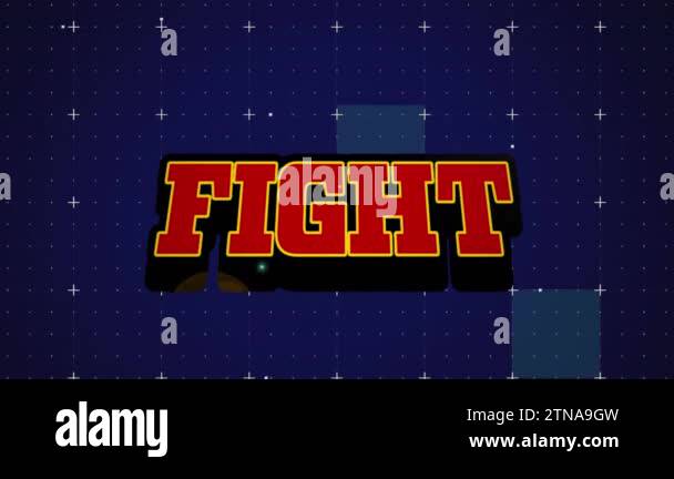 Animation of fight text over grid. Global video game, digital interface ...