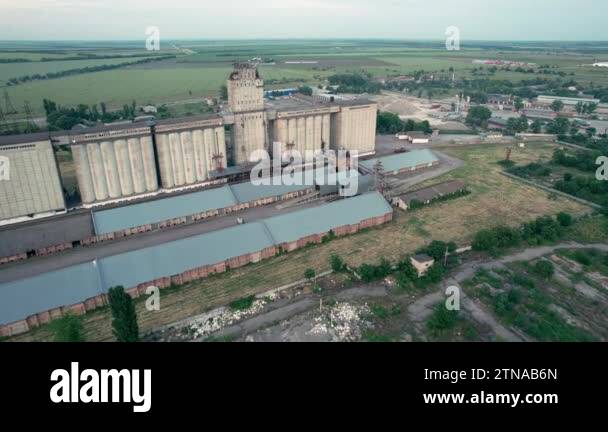 Aerial view of old abandoned grain processing and storing facility ...