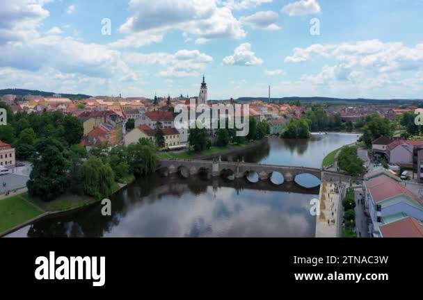 Medieval Town Pisek and historic stone bridge over river Otava in the ...