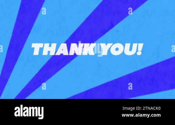 Animation of thank you text banner against spinning radial rays on blue ...