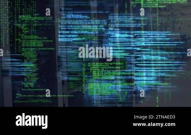 Animation of computer language against server rack in server room ...