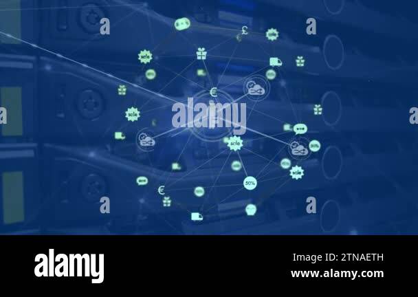 Animation of connected icons over connected icons forming globe against electric equipment ...