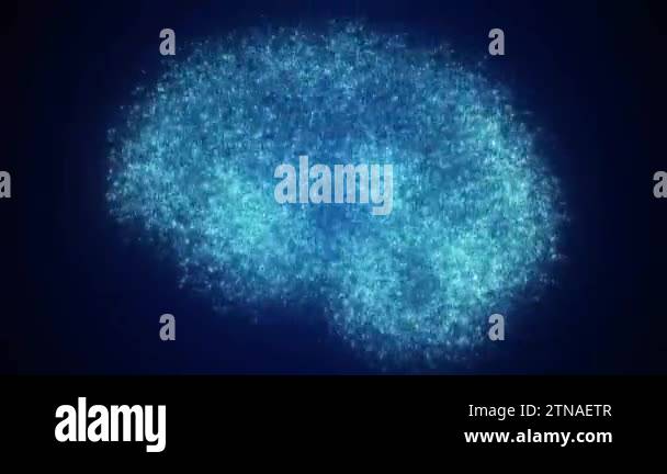 Digital Artificial Intelligence bright blue brain appears in binary data particles cloud in ...