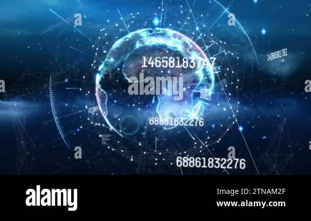 Animation of connected icons over changing numbers and globe against abstract background ...