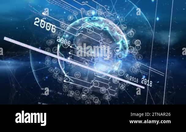 Animation of illuminated globe with icons, map, numbers and moving ...