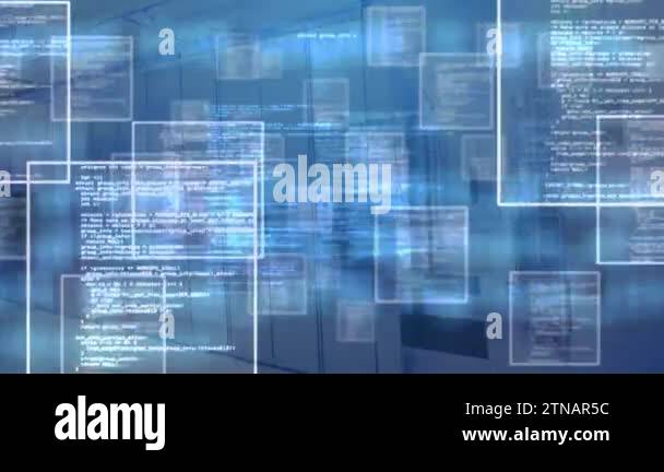 Animation of squares over computer language against server room in ...
