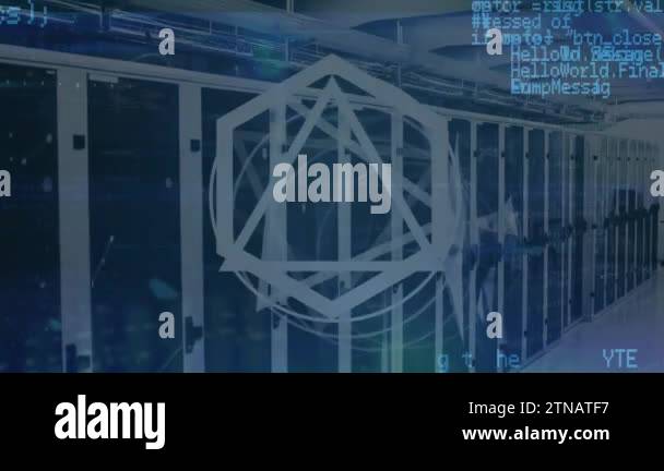 Animation of geometric shapes over computer language against server room in background. Digital ...