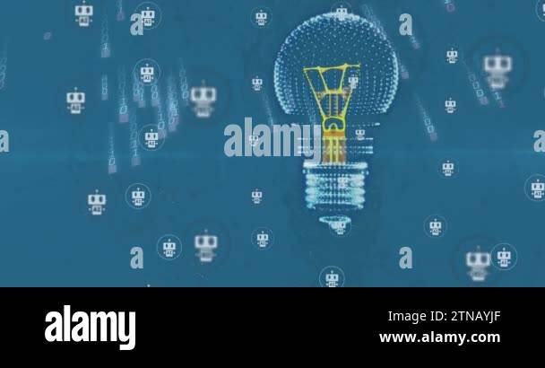 Animation of 3d light bulb over robot icons against falling binary ...