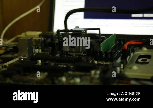 computer computer inside - motherboard with processor fan and network ...